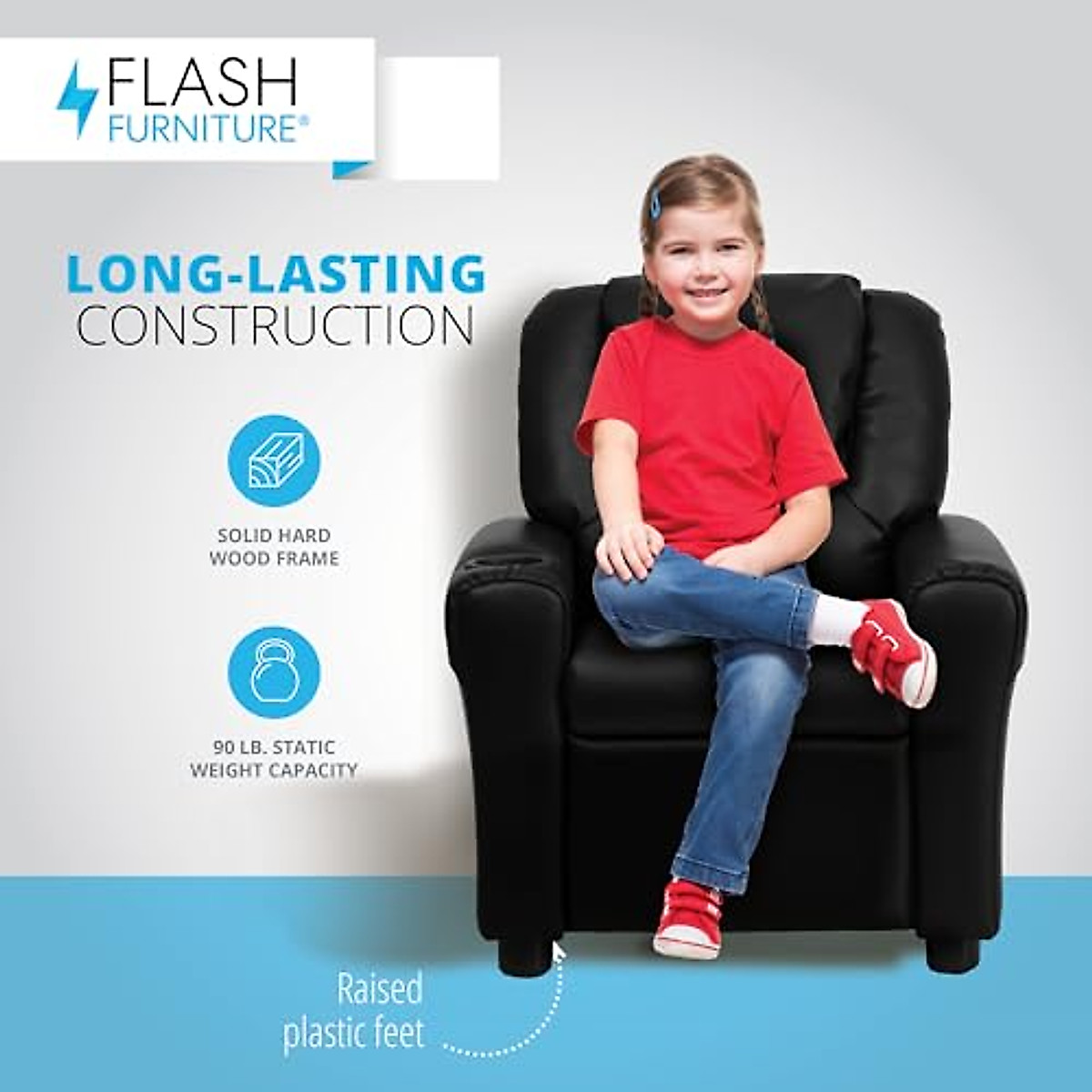 Flash Furniture Vana LeatherSoft Kids Recliner with Cup Holder, Headrest, and Safety Recline, Contemporary Reclining Chair for Kids, Supports up to 90 lbs., Black