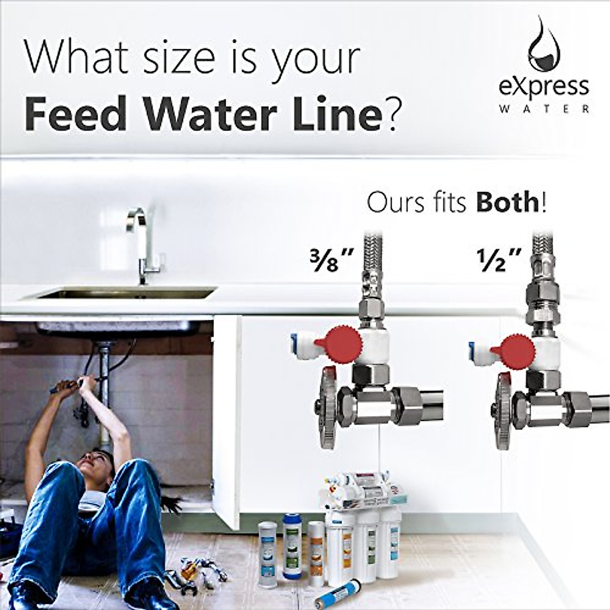 Express Water RO Feed Adapter Valve Quick Connect for Undersink Reverse Osmosis System Fits Both 3/8" & 1/2" Connection
