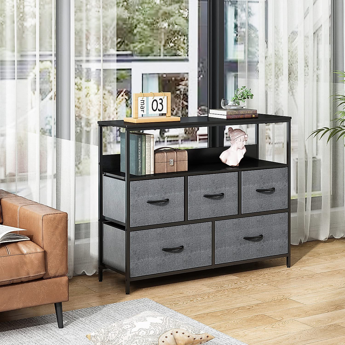 AMISEN Dresser Drawers TV Stand, Entertainment Center with Shelves, Storage Console Table with 5 Fabric Drawers for Bedroom, Living Room, Entryway, Hallway, Grey