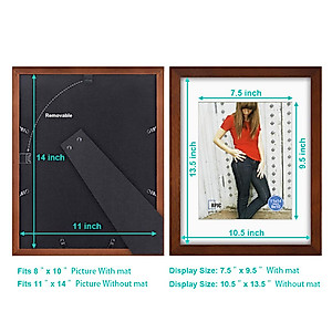 RPJC 11x14 inch Picture Frame Made of Solid Wood and High Definition Glass Display Pictures 8x10 with Mat or 11x14 Without Mat for Table Top Display and Wall Mounting Photo Frame with Stand Brown