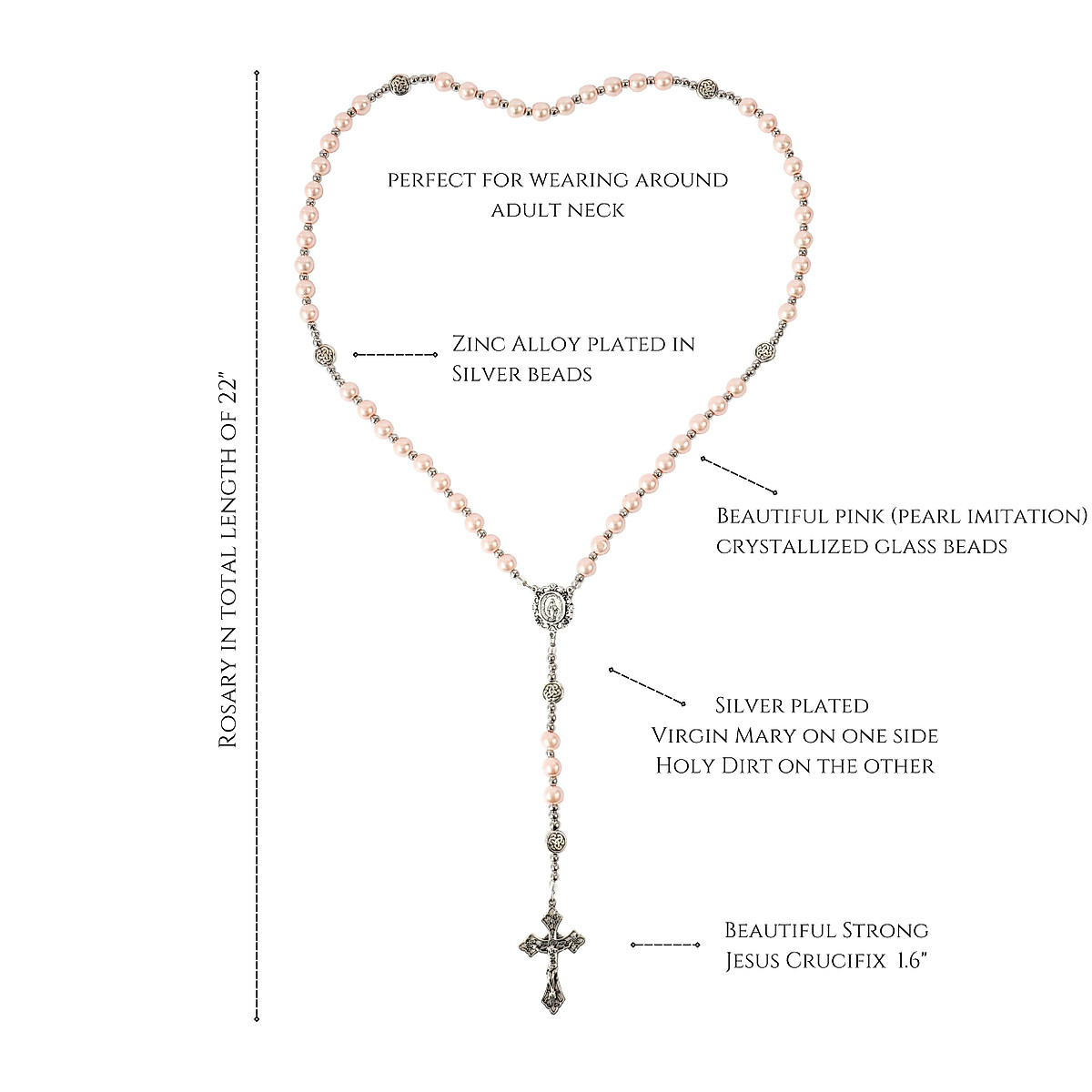Nazareth Store Pink Beads Rosary Necklace Strong Pearl Beaded Catholic Rosary with Our Lady of Graces Medal and Cross