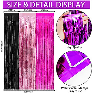 WIQEDOHA 3 Pack Foil Curtains-8x9.84 Ft Rose Red Pink and Black Fringe Metallic Backdrop Curtain for Minie Mouse Themed Baby Shower Birthday Nursery Party Decorations
