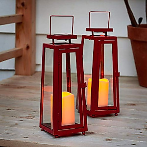 Red Outdoor Solar Lanterns - 11 Inch, Set of 2, Metal & Glass, Waterproof Flameless Pillar Candle, Dusk to Dawn Timer, Flickering LED Light, Rustic Vintage Patio