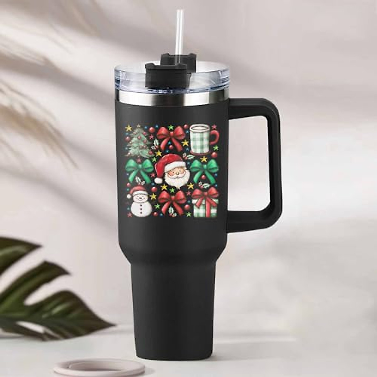LB LEOBON 40 ounce insulated cup with handle, double-layer vacuum stainless steel material, equipped with straw, can keep warm or maintain cold drinks Santa Claus Gift black