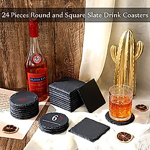 24 Pieces Slate Coasters Black Slate Stone Coasters Bulk Round and Square Stone Cup Coaster Set with Natural Rough Edge for Drinks Home Table Bar Kitchen Housewarming Gift