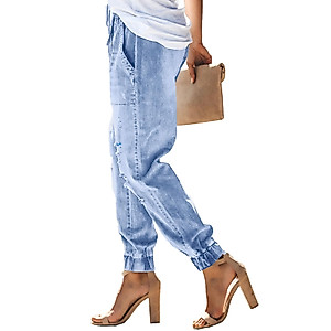 Sidefeel Women's Jeans Cargo Pants Ripped Denim Joggers Elastic Drawstring Waist Trouser Sky Blue Size 6