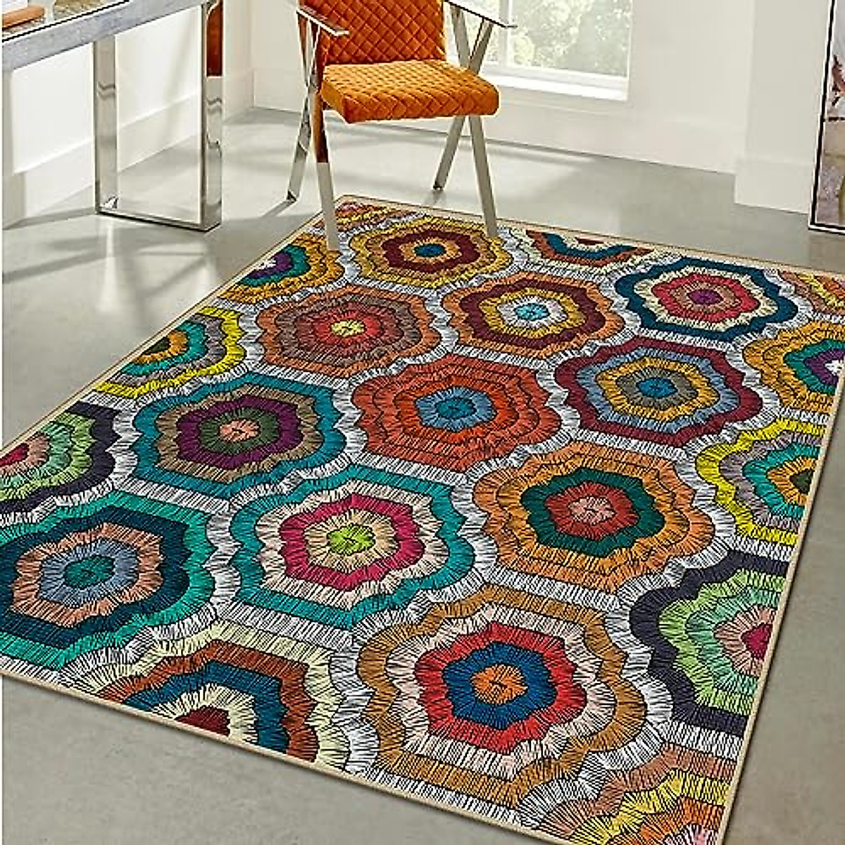 Boho Patchwork Geometric Print Area Rug Ethnic Tribal Bohemian Style Accent Rugs Colorful Non Slip Washable Floor Carpet for Living Room, Bedroom, 5x8 feet