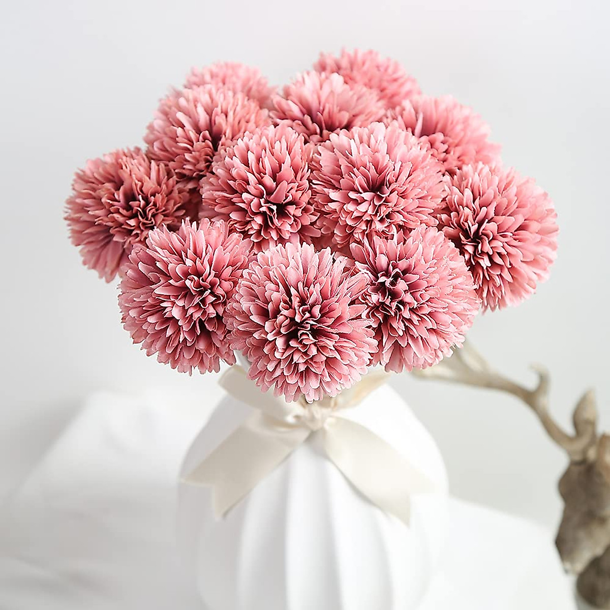IPOPU Silk Flower Arrangements, 12pcs Artificial Chrysanthemum Flower Balls for Centerpieces Aesthetic Room Decor Baby Shower Garden Wreath Home Decor (Bean)