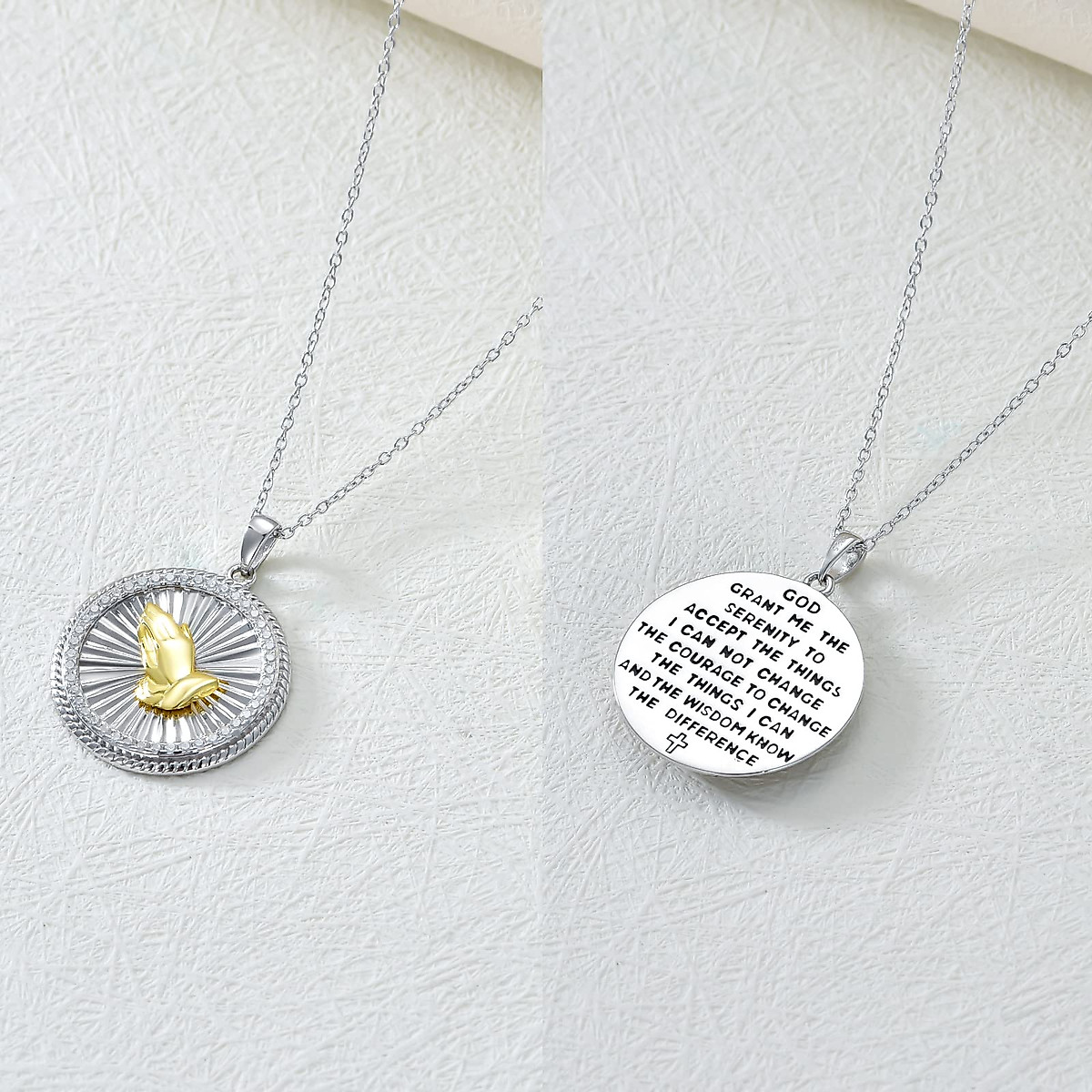 LONAGO Serenity Prayer Necklace with Praying Hands Coin Pendant, Praying Hands and Lord's Prayer Medal Pendant Necklace for Women