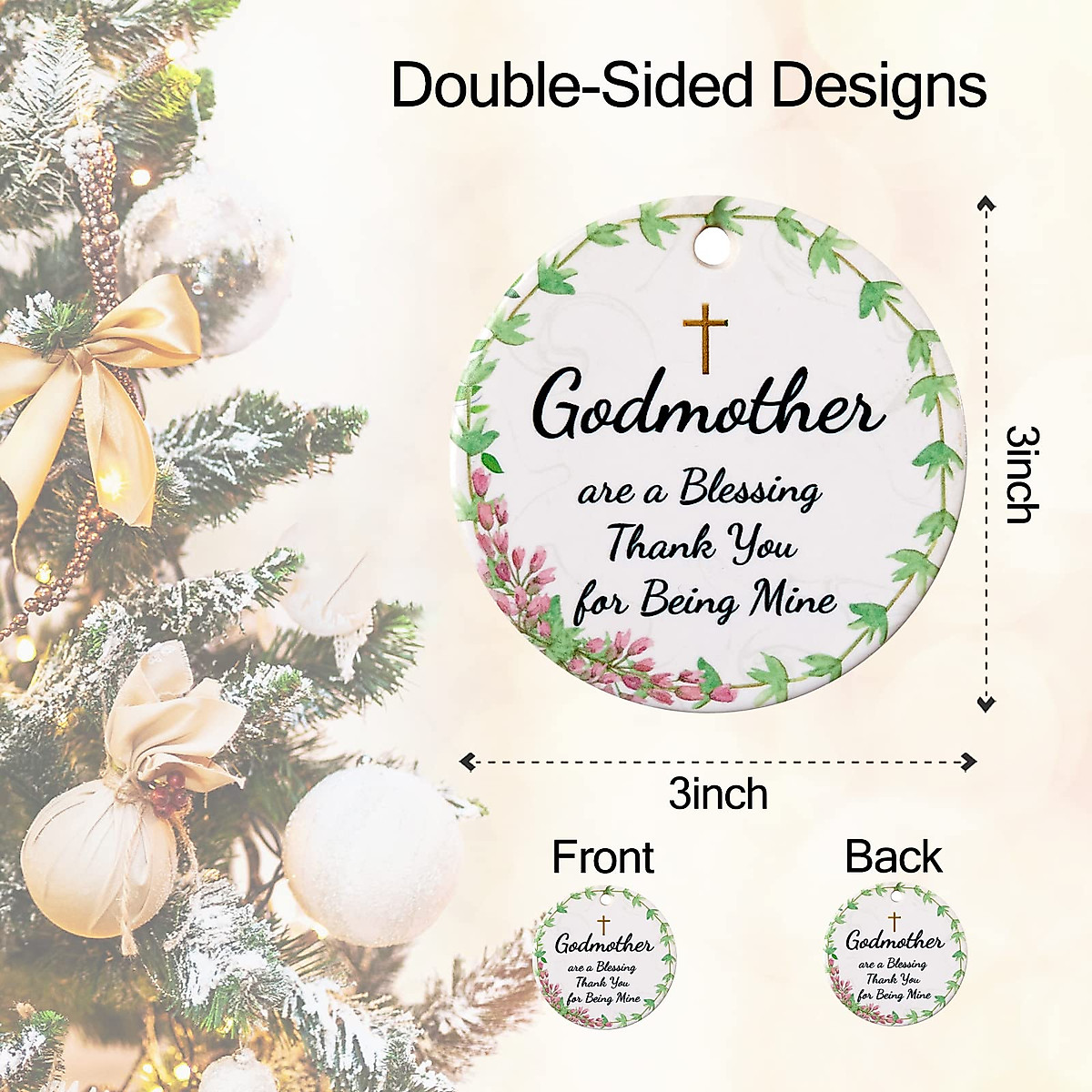 Godmother Christmas Ornament 2024:Thank You for Being Mine, Godmother Gifts from Godchild, Gift for Godmother, 2.9" Godmother Ornament 2024 (Green)