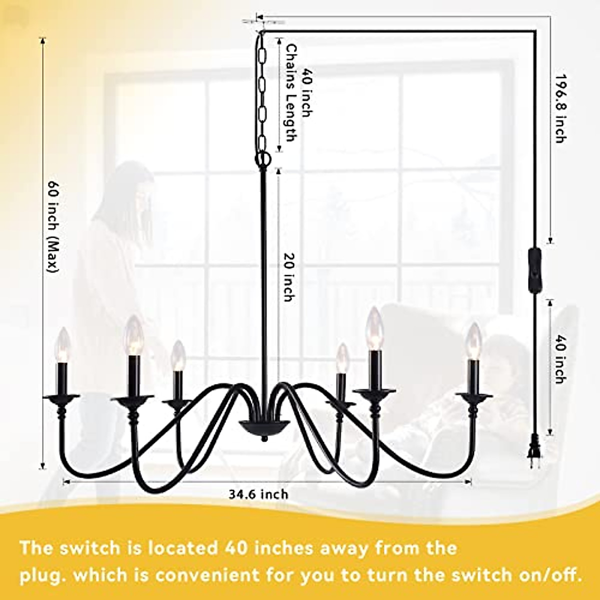 HOXIYA PRE-ASSEMBLED Plug in Chandelier, 34.6" Black Chandelier with Long Cord Farmhouse Chandelier Modern Hanging Light, Outdoor Lights for Gazebo Chandelier Rustic Industrial for Living Room Bedroom