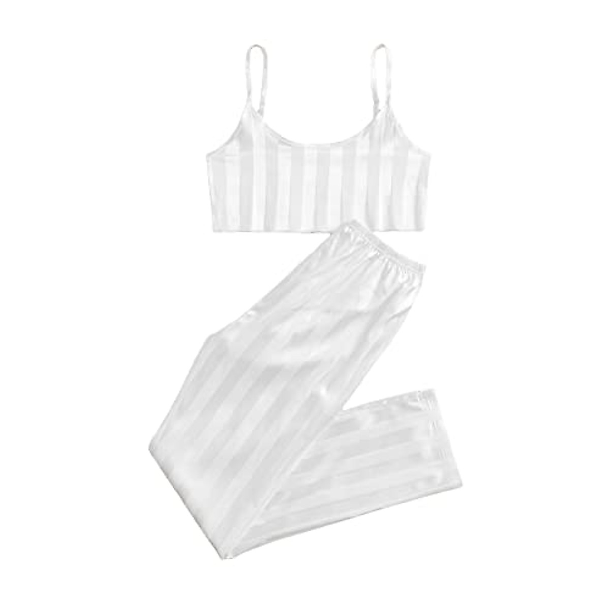 WDIRARA Women's Satin Striped Cami Top and Pants Soft Sleeveless Pajama Lounge Set White L