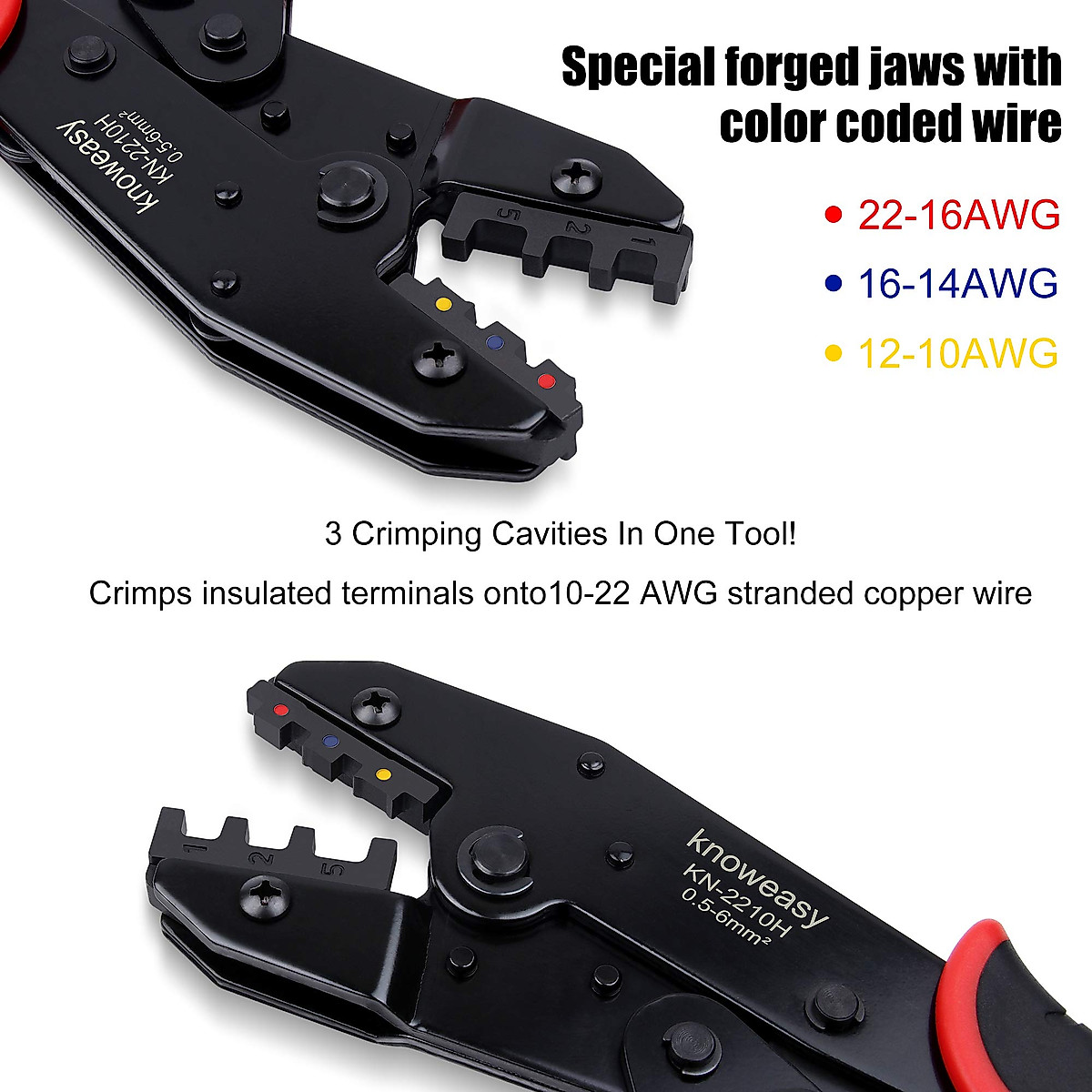 Knoweasy Ratcheting Crimping Tool for Heat Shrink, Insulated Nylon and Electrical Wire Connectors - AWG 22-10/0.5-6mm² Terminal Crimper with Crimping Pliers