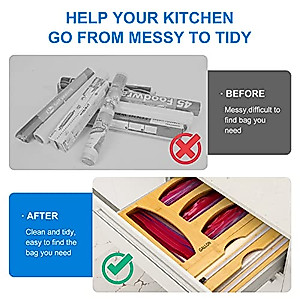 Ziplock Bag Organizer and Wrap Dispenser with Cutter – Practical 6-in-1 Bamboo Kitchen Drawer Organizer Store Gallons, Quarts, Sandwich and Snack Bags, Plastic Wrap, Foil, Wax