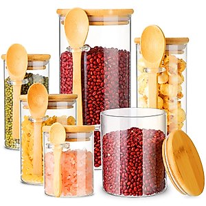 Hushee 6 Pieces of Glass Storage Jars, Clear Glass Food Storage Containers with Airtight Bamboo Lid and Spoon Glass Jars for Candy,Cookie,Rice,Sugar,Flour,Pasta,Nuts and Spice Jars