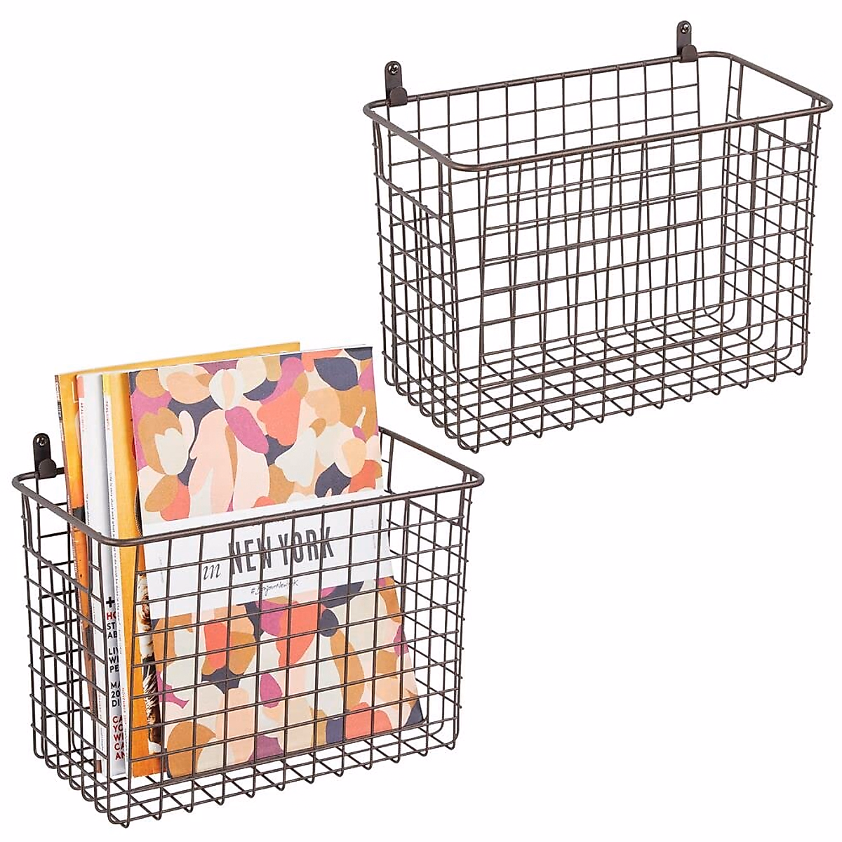 mDesign Portable Metal Wire Wall Mount Decor Storage Organizer Basket Bin - Hang in Kitchen, Garage, Entryway, Mudroom, Bedroom, Bathroom, Laundry Room - Concerto Collection - 2 Pack - Bronze