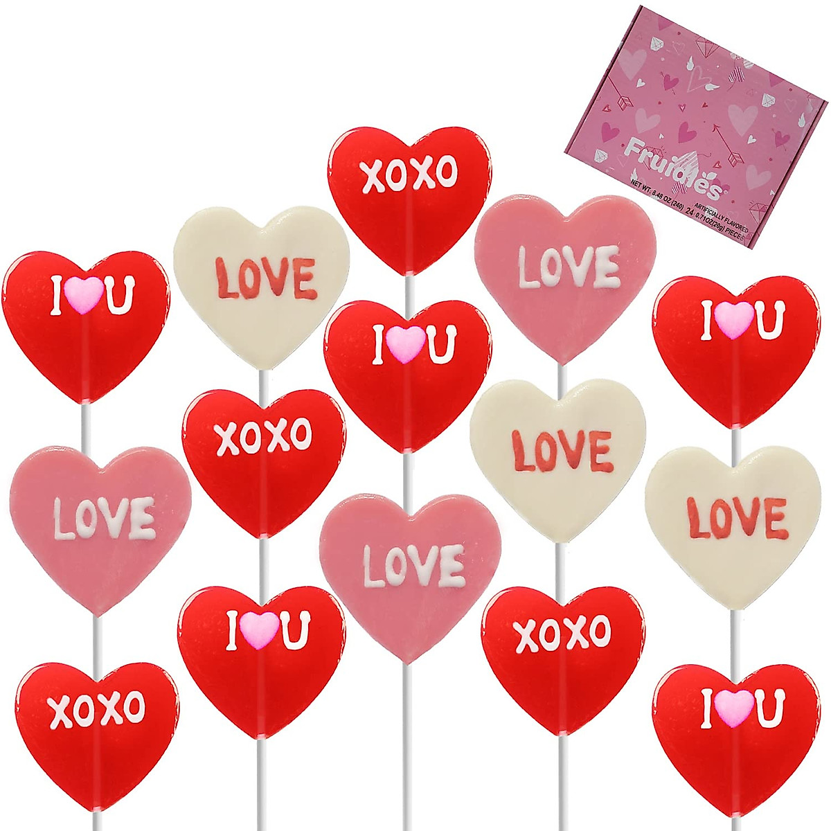 Fruidles Valentine's Day Lollipop Sucker, Red Lips, Be Mine & Love You Heart Suckers, Individually Wrapped (24-Pack)