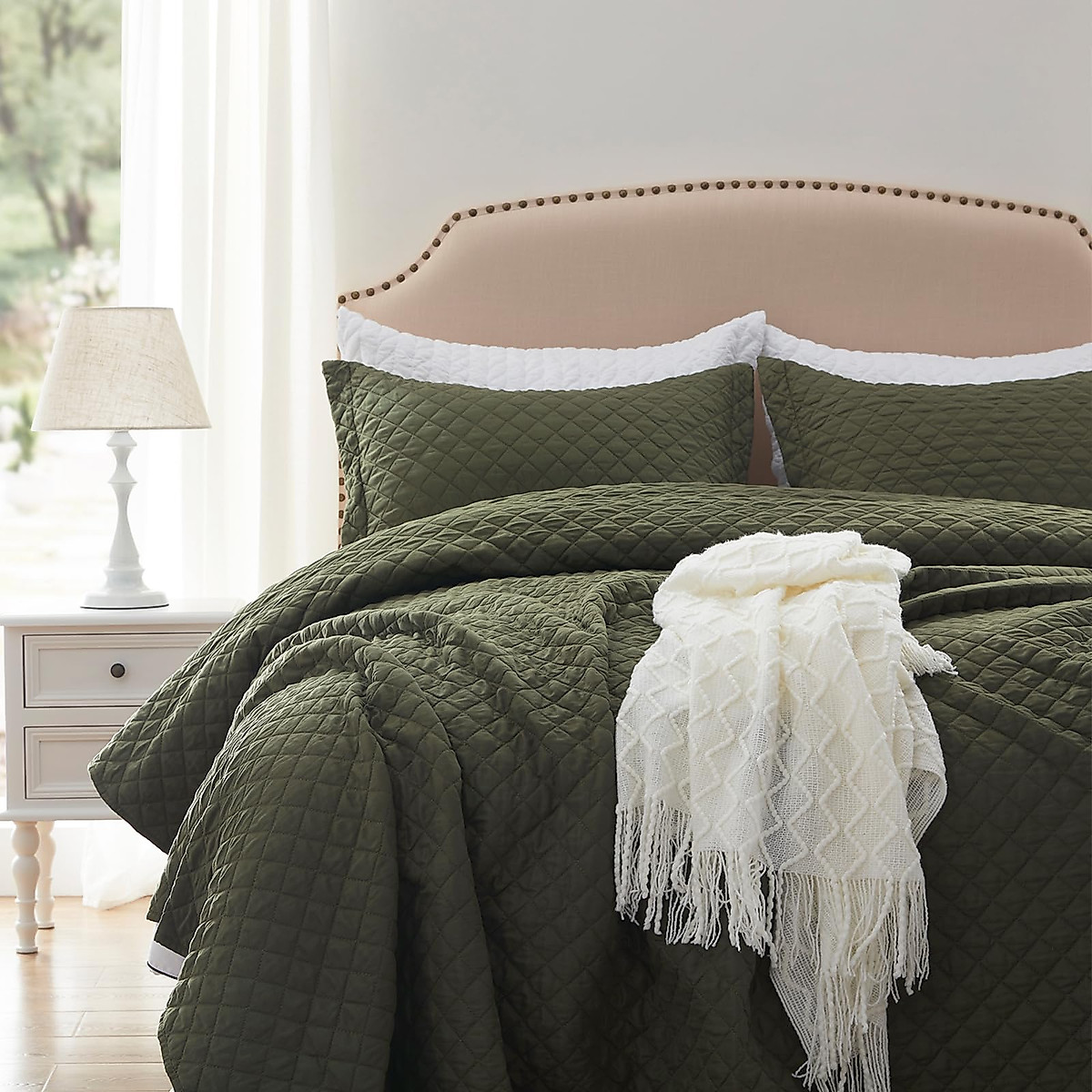 SunStyle Home Quilt Set King Olive Green Lightweight Bedspread Soft Reversible Coverlet for All Season 3pcs Army Green Diamond Quilted Bedding Sets (1 Quilt 2 Pillow Shams)(106"x96")