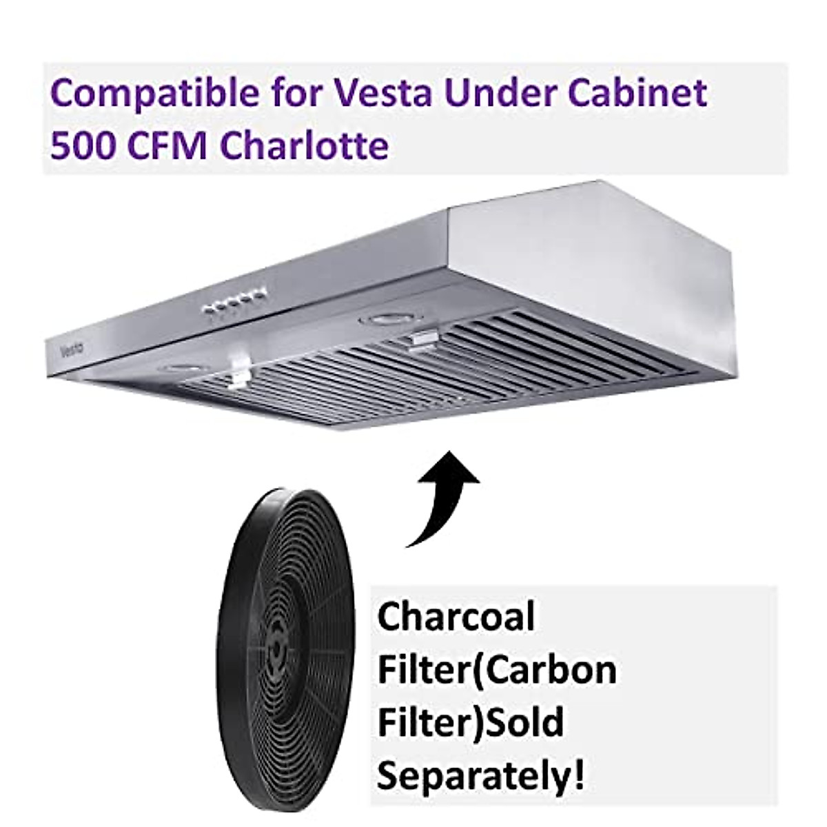 Vesta Charlotte 500cfm Under Cabinet Range Hood With 3 Levels Of Speed, Mechanical Buttons Control, Dishwasher Friendly Baffle Filters, Flexible Vent Connectors, Long LED Stripe