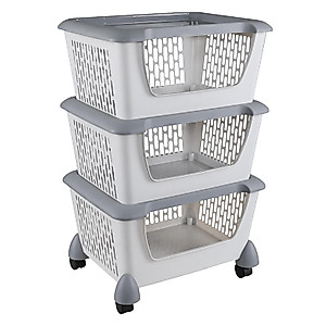 Neadas 3 Tier Stackable Storage Baskets with Wheels, Rolling Stackable Basket, Gray