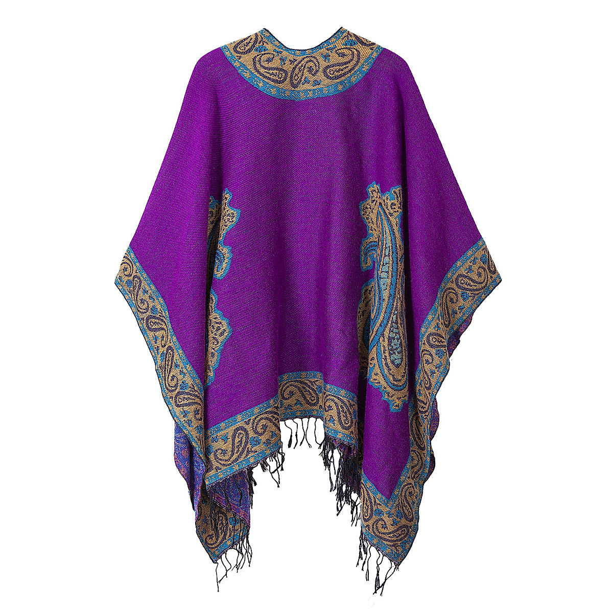 Urban CoCo Women's Fashionable Retro Style Vintage Pattern Tassel Poncho Shawl Cape (series 2 Purple)