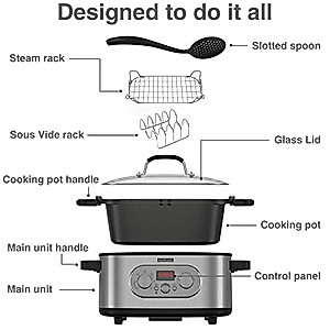 Anfilank 8-in-1 Multi-Cooker, Programmable 6.8 Quart Slow Cooker, Presets to Sous Vide, Bake, Sauté, Cook Rice & More; with Sous Vide Rack, Steam Rack, Slotted Spoon and Glass Lid, Adjustable Temp&Time for Slow Cook with LED Display.