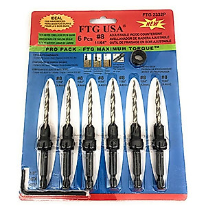 FTG USA Countersink Drill Bit Set 6 Pc #8 (11/64") Wood Countersink Drill Bit Pro Pack Countersink Set, with 3 Replacement Tapered Countersink Bits #8 (11/64"), 1 Stop Collar, 2 Hex Wrench