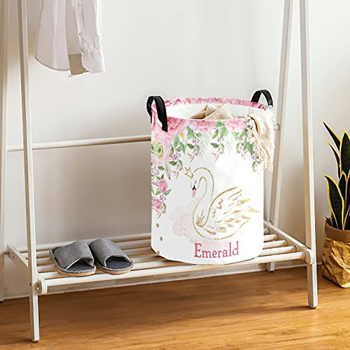 Personalized Watercolor Fantasy Floral Swan Waterproof Laundry Basket Handles Collapsible Hamper Storage Basket for Office Bathroom