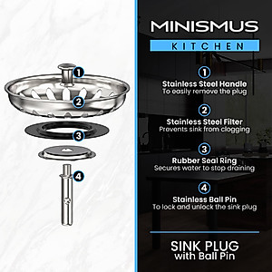Minismus Kitchen Sink Strainer Replacement Basket with Ball Lock 3.15 Inch - Stainless Steel Sink Plug Round Hole - for Round Post Openings - Prevents Clogging - Open-Close Mechanism (3.15 Inch)
