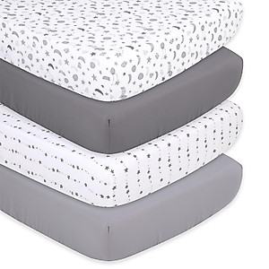 The Peanutshell Grey Moon & Stars Fitted Crib Sheet Set, Unisex 4 Pack Celestial Print, Grey & White