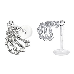 Clear cz Skeleton Hand Cuff Flex Flexible Bioplastic Labret Monroe Lip Tragus Piercing bar Body Jewelry Ring 14g, 14 Gauge
