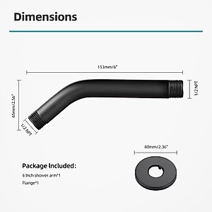 Cobbe Shower Arm with Flange and Teflon Tape, 6-Inches Wall Mounted Shower Pipe Arm Extension for Fixed Shower Head, Matte Black
