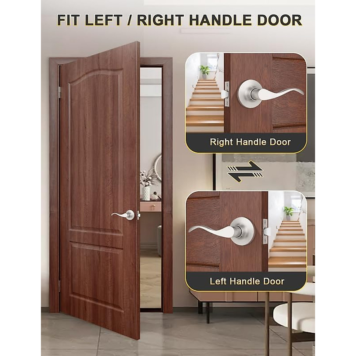 Mengico 1 Pack Satin Nickel Modern Interior Passage Door Knobs, Keyless Door Handle for Hallway & Closet, Wave Style Non-Locking Door Lever Reversible for Left & Right Handed