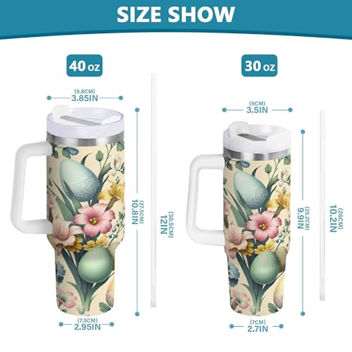 Jihqo Easter Day Floral and Eggs 40 oz Stainless Steel Vacuum Insulated Tumbler with Handle and Straw Lid, Leakproof Water Bottle Double Wall Travel Mug Coffee Cup, Cupholder Friendly