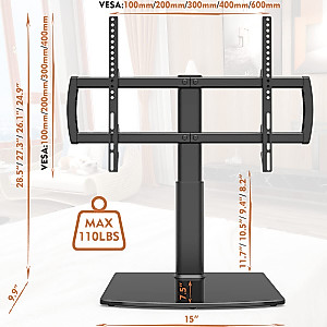 Universal Tabletop TV Stand with Wall Mount for 32 to 70 inch 4 Level Height Adjustable, Heavy Duty Tempered Glass Base, Holds up to 110lbs Screens, HT03B-002