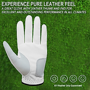 FINGER TEN Golf Gloves Men Left Hand Right with Ball Marker Pack, Mens Leather Golf Glove All Weather Grip, Fit Size Small Medium ML Large XL (White(Men Gloves), Medium(Worn On Left Hand))
