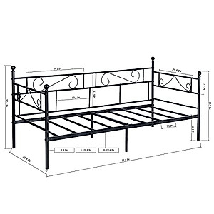 FurnitureR Metal Daybed Frame, Twin Size Metal Platform Bed with Headboard,Heavy Duty Steel Slats Support for Living Room Bedroom Guest Room, Black