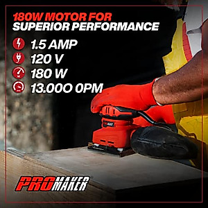 PROMAKER Palm Sander, 1/4 Sander with 1 pcs Sandpaper, 1.5 AMP, Hand sander with Dust Bag, 3000 OPM, Electric Sander for Woodworking. 180W, PRO-LO180