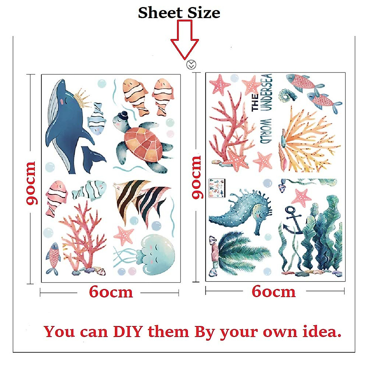 Amaonm Giant Removable 3D DIY Under The Sea World Wall Decals Ocean Animals Wall Stickers Ocean Fish Seahorse Coral Turtle Wall Decor for Girls Bedroom Kids Bathroom Home Walls Living Room Decoration