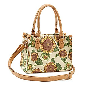 Small Tote Bags for Women Square Shape Handbags Double Top Handles Purses with Strawberry Print and Removable Shoulder Strap (Yellow Sunflower)