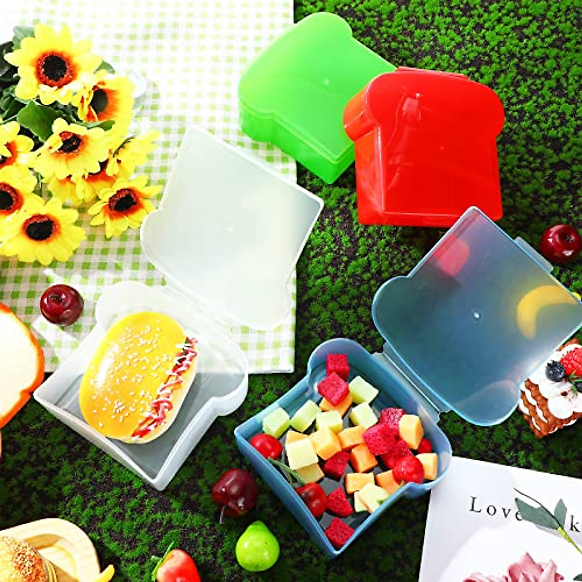 Meanplan 4 Pcs Sandwich Containers Sandwich Box Food Storage Toast Shape Holder Plastic Bread Sandwich Keeper Prep Microwave Dishwasher Safe, 14 oz(Bright Color)