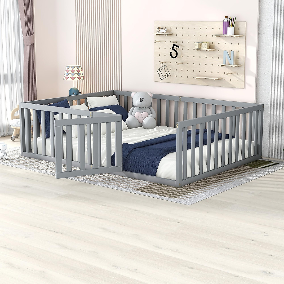 Harper & Bright Designs Full Floor Bed for Kids, Montessori Bed Frame with Guardrails and Door, Wooden Floor Full Bed for Kids, Boys Girls (Full Size, Gray)