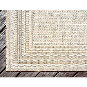 Unique Loom Outdoor Border Collection Area Rug - Multi Border (7' 1" x 10' Rectangle, Tan/ Light Brown)