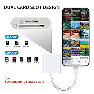 Sd Card Reader for iPhone iPad Digital Camera, Dual Card Slot Card Reader Compatible with Sd and Micro Sd Card, Memory Card Reader Sd Card Adapter to iPhone iPad, No APP Need Plug and Play