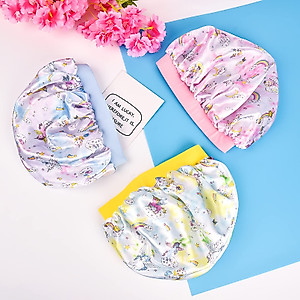 3 Pieces Kids Unicorn Satin Bonnet Wide Elastic Band Sleeping Cap Soft Silk Double Layer Night Hair Hats for Teens Toddler Child Baby