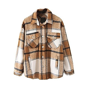 BOUTIKOME Womens Plaid Shacket Button Down Long Sleeve Shirt Coat Fall Winter Flannel Jacket Loose Shirts(Khaki, Large)