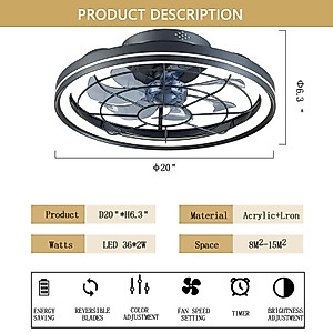 AVORHING Ceiling Fan with lights Remote Control,20" Low Profile Ceiling Fan,6 Wind Speeds Dimmable Caged Flush Mount Ceiling Fan,Smart Modern Ceiling Fan for Kids Room,Bedroom, Kitchen (Black)