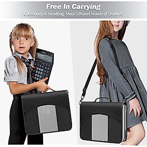 MoKo Zipper Binder, 3 inch 3 Ring Binder with Zipper, 600 Sheet Capacity Multi-Pocket School Binder Organizer, Handle and Shoulder Strap Included, Black & Gray