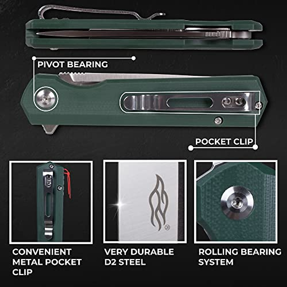 Firebird GANZO FH11 Top Pocket Folding Knife D2 Steel Blade Anti-slip G10 Handle with Clip Hunting Gear Fishing Camping Outdoor Folder EDC Pocket Knife (Green)
