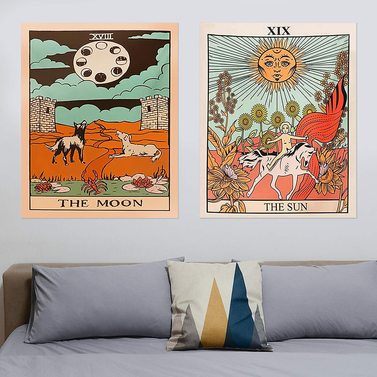 ZeeDix 4 Pcs Tarot Flag Tapestry- Small Tarot Card Europe Mysterious Medieval Tapestry, The Strength, The Sun, The Moon, The Star Astrology Divination Tapestry for Home Room with Seamless Nails